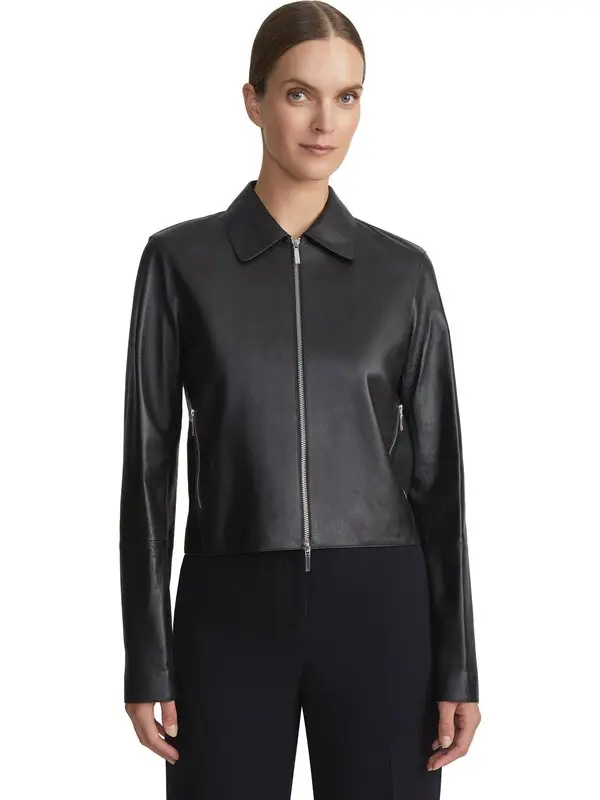 Lafayette 148 New York Leather Zip Cropped Jacket - Black