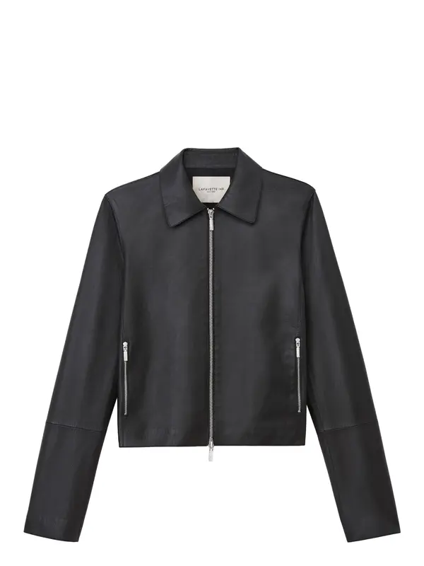 Lafayette 148 New York Nappa Lambskin Leather Zip Cropped Jacket - Black