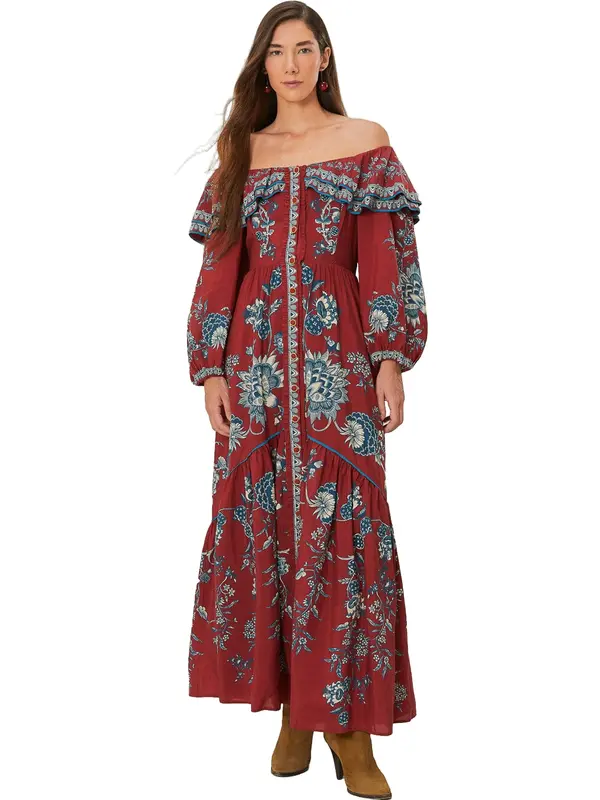 Farm Rio Off Shoulder Maxi Dress - Tropical Landing Red