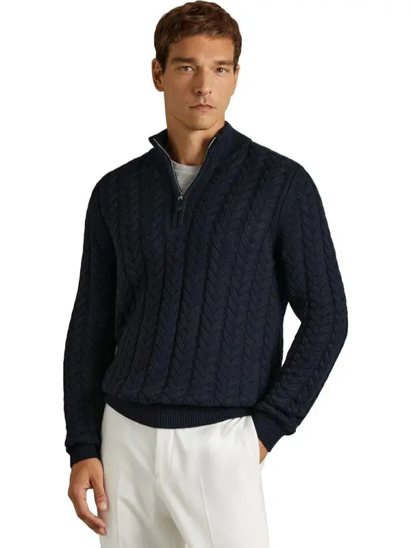 REISS Tamworth Cabled Zip-neck Jumper - Navy