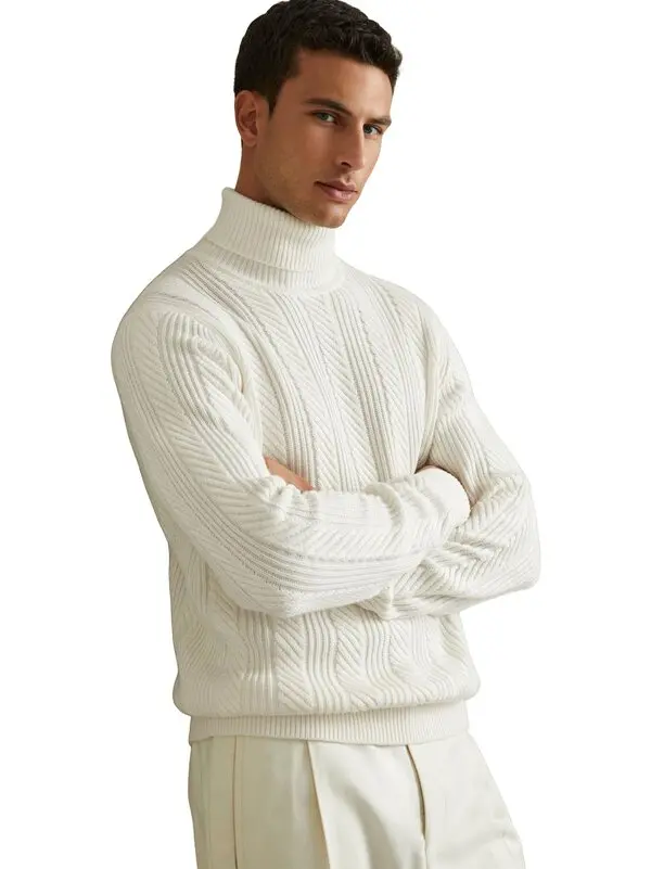 REISS Flick Cabled Roll-neck Jumper - White