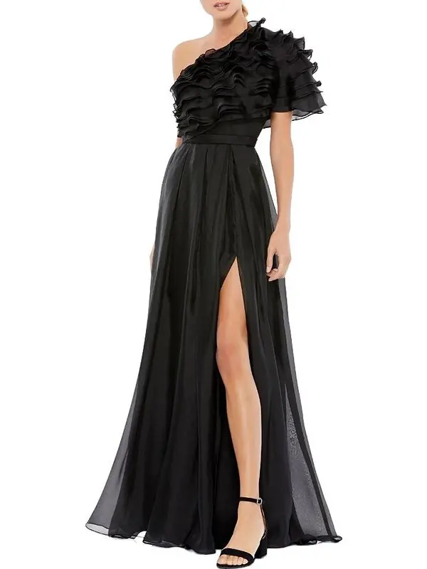 Mac Duggal Ieena Ruffle Layered One Shoulder Gown - Black