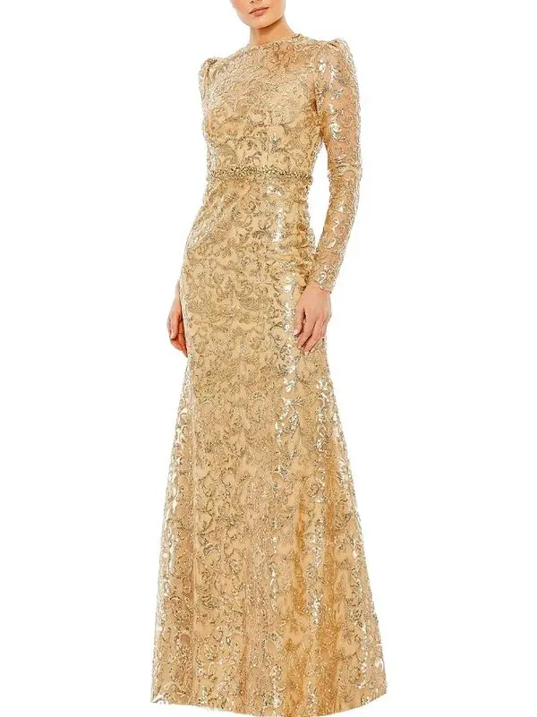 Mac Duggal Embellished High Neck Gown - Gold - Tone