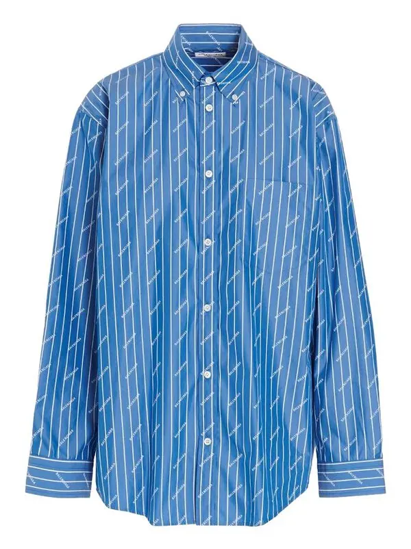 Balenciaga Oversized Stripe Logo Long Sleeve Shirt - Blue White