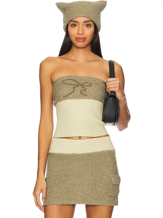 ZEMETA Ribbon Stud Fuzzy Tube Top - Olive