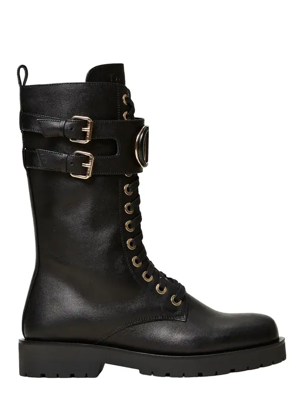 TWINSET Oval T Leather Combat Boots - Black