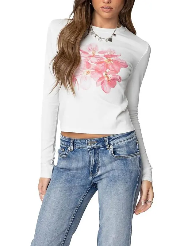 EDIKTED Blossom Long Sleeve T-shirt - White