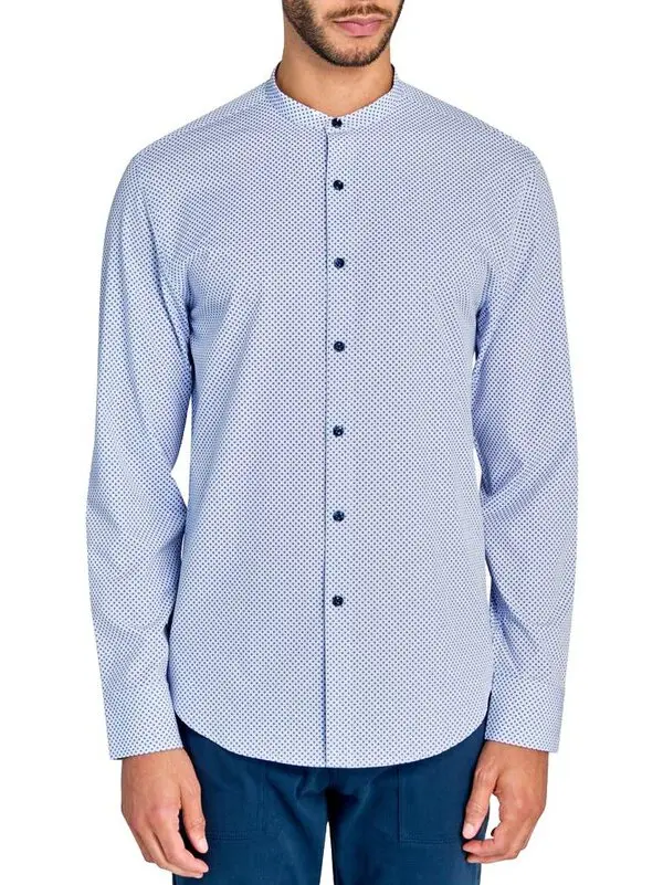 BROOKLYN BRIGADE Slim Fit Micro Geo Recycled 4-way Stretch Performance Long Sleeve Shirt - White/blue