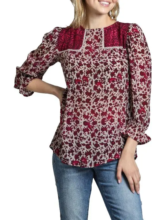APNY Mixed Media Peasant Top - Red Multi