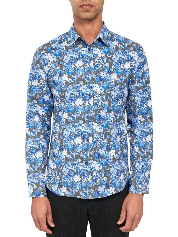 BROOKLYN BRIGADE Slim Fit Floral Recycled 4-way Stretch Performance Long Sleeve Shirt - Blue