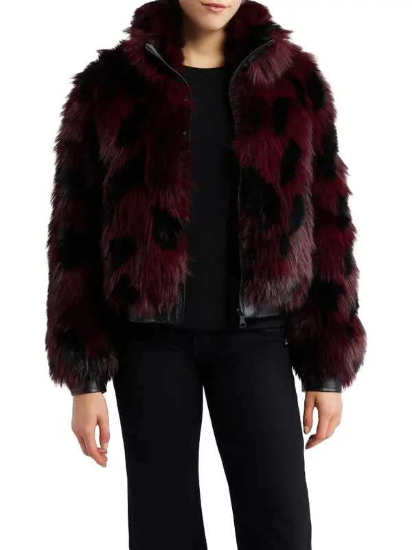 Karl Lagerfeld Paris Shag Faux Fur Bomber Jacket - Wine Multi