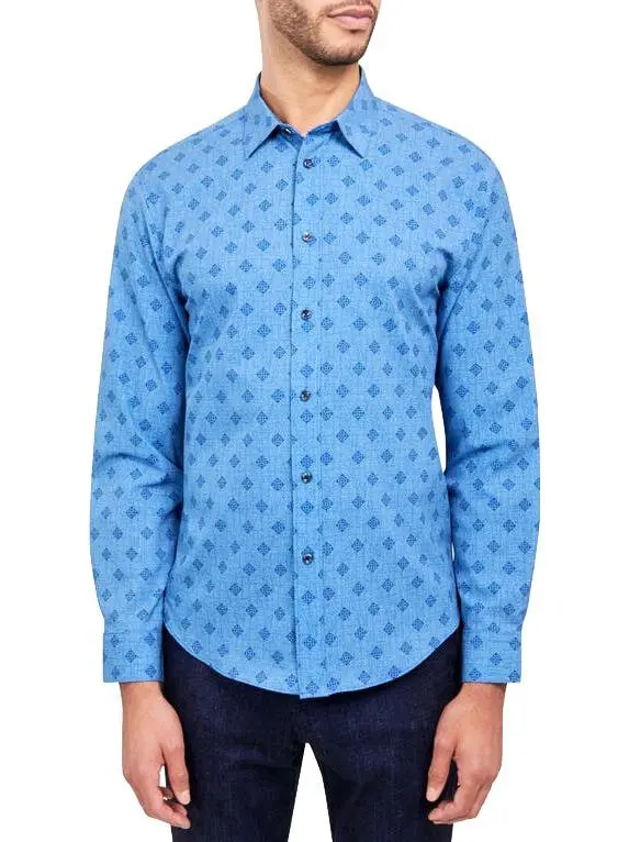 BROOKLYN BRIGADE Slim Fit Denim Geo 4-way Stretch Performance Long Sleeve Shirt - Blue