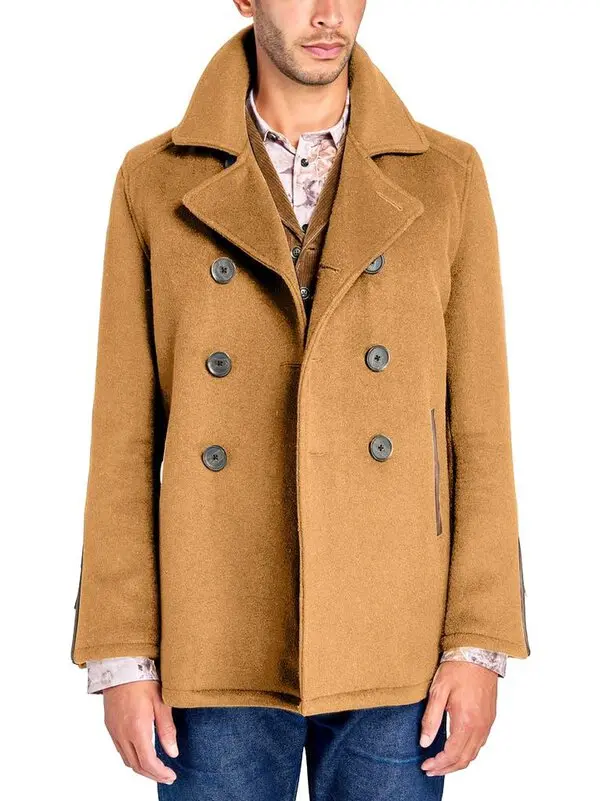 BROOKLYN BRIGADE Wool Blend Double Breasted Pea Coat - Camel