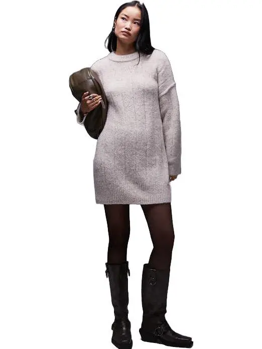 Topshop Long Sleeve Rib Minidress - Stone