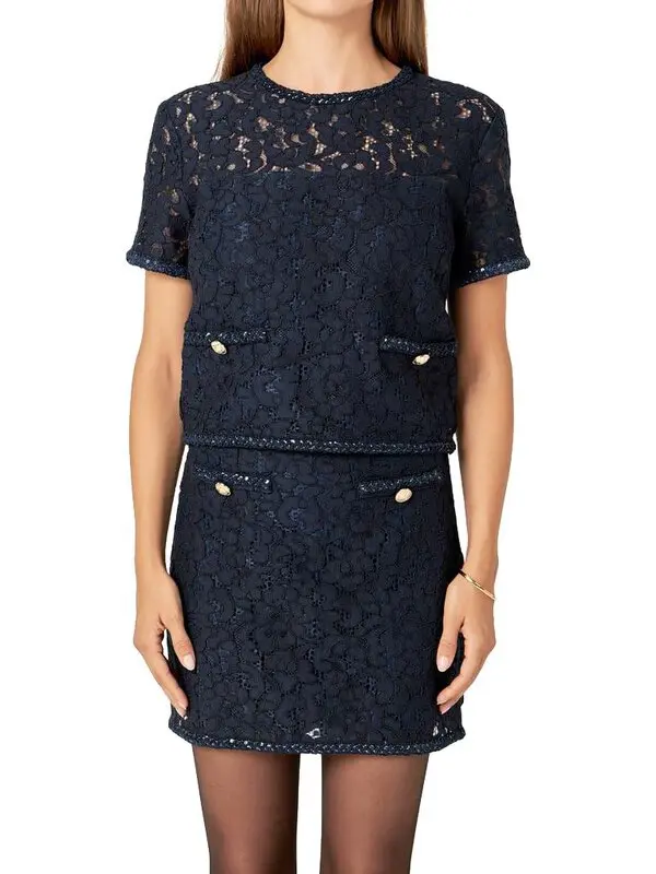 English Factory Lace & Sequin Top - Navy