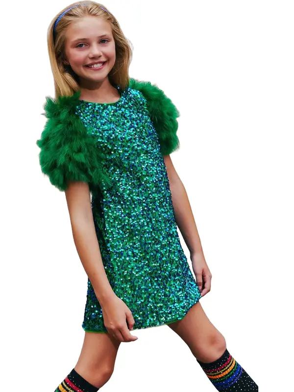 LOLA + THE BOYS Feathered Sleeve Sequin Dress - Jade