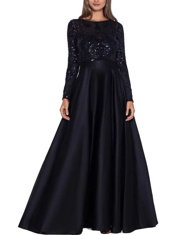 Betsy & Adam Sequin Long Sleeve Ballgown - Black/ Black