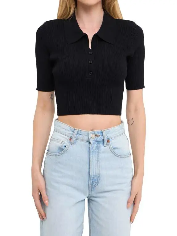 GREY LAB Rib Crop Polo Shirt - Black