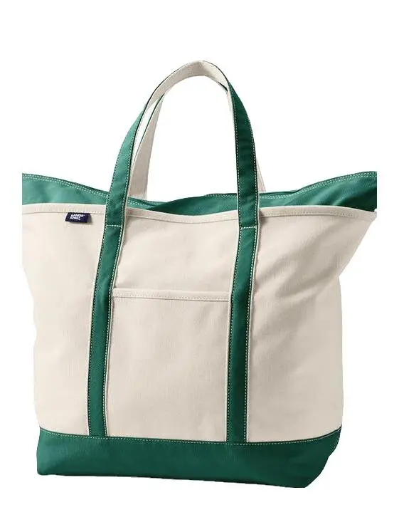 LANDS' END Zip Top Canvas Tote Bag - Natural/bright Spruce