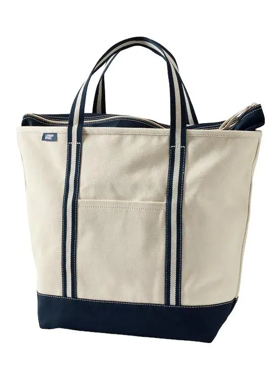 LANDS' END Zip Top Canvas Tote Bag - Natural/navy Stripe