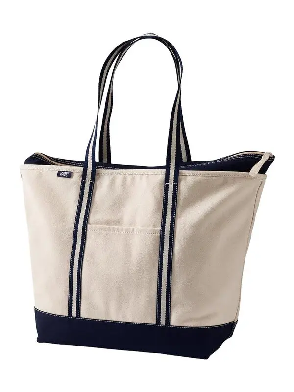 LANDS' END Canvas Tote Bag With Zip Top - Natural/navy Stripe