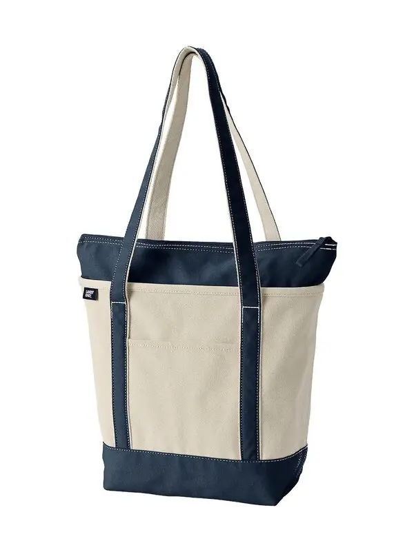 LANDS' END Canvas Tote Bag With Zip Top - Natural/radiant Navy