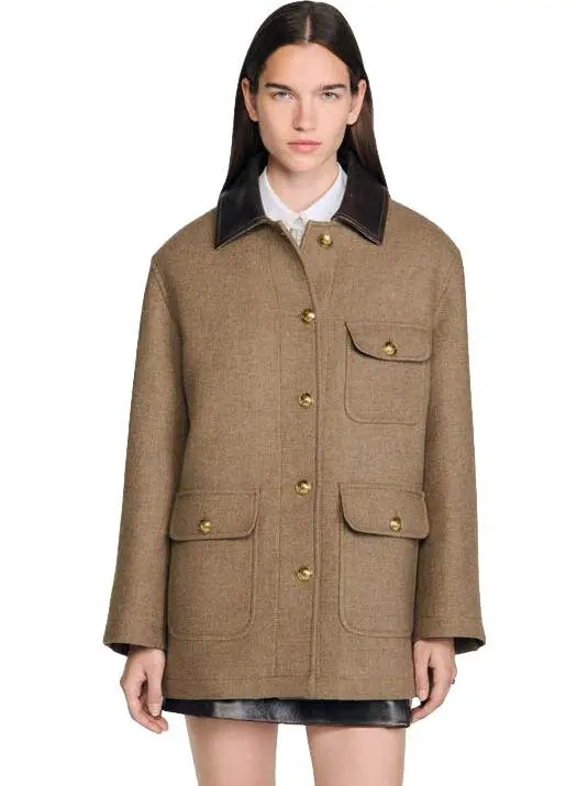 Sandro Tweed Coat With Leather Collar - Caramel