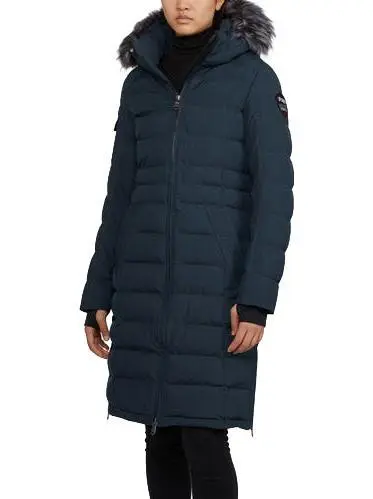 Pajar Venice Long Puffer With Faux Fur Trim - Navy/silver