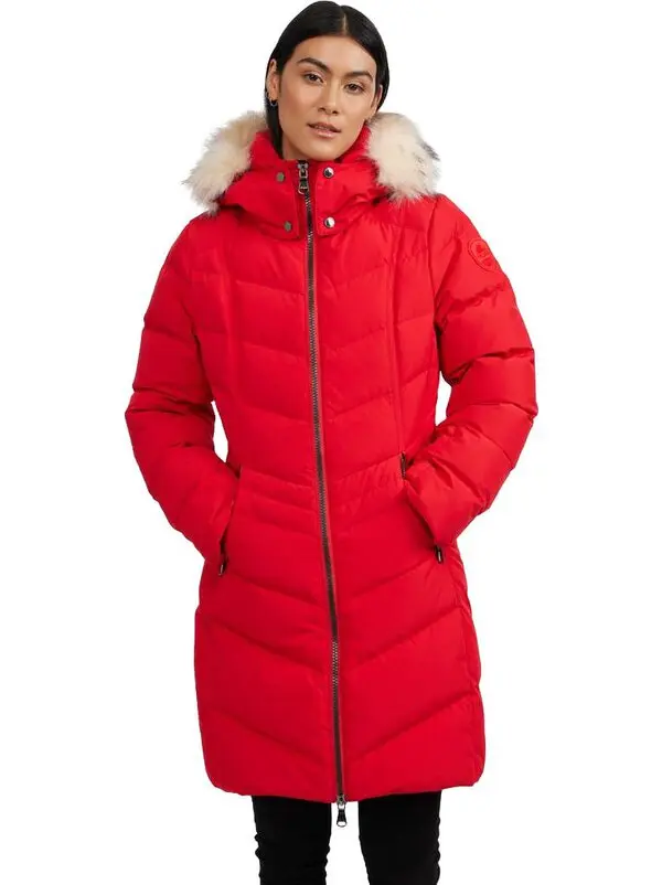 Pajar January Down Chevron Puffer With Detachable Hood Fur - Current Red/crystal