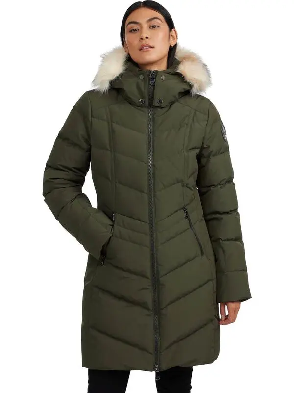 Pajar January Down Chevron Puffer With Detachable Hood Fur - Military/crystal