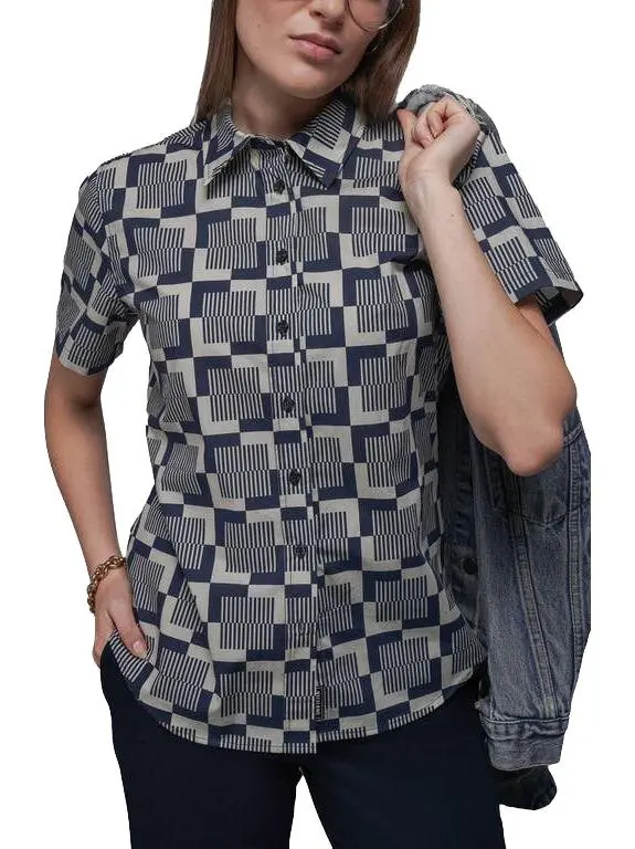 WILDFANG Cotton Button-up Shirt - Checkerboard Navy/stone