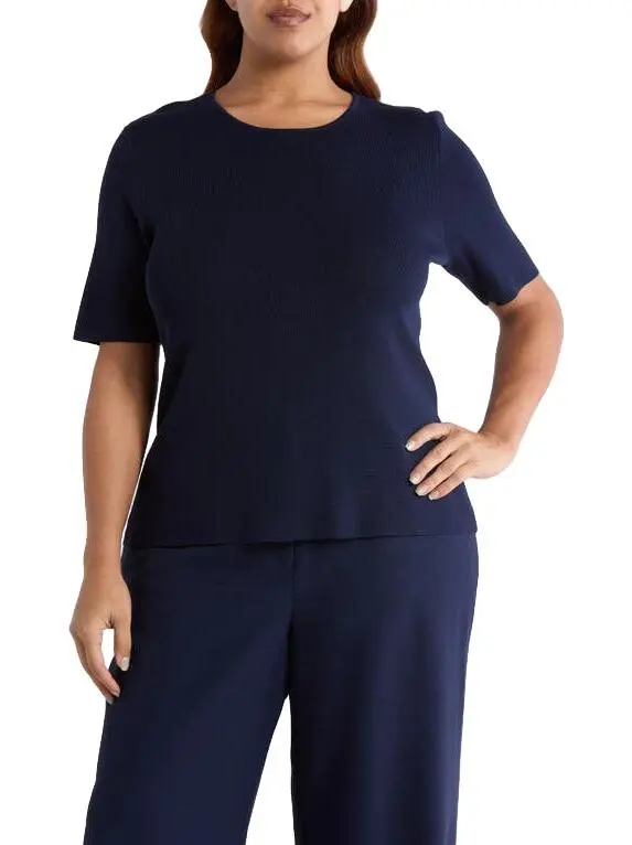 TAHARI ASL Ribbed Knit Top - Navy