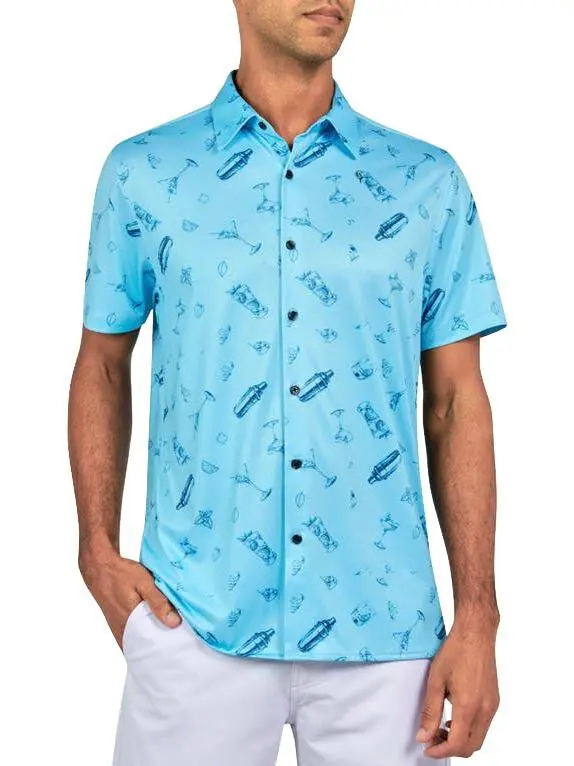 CON.STRUCT Regular Fit Cocktail Print Recycled Performance Golf Button-down Shirt - Aqua