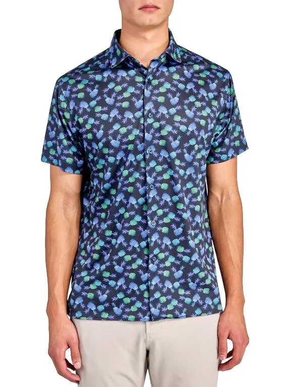 CON.STRUCT Regular Fit Pineapple Print Recycled Performance Golf Button-down Shirt - Navy