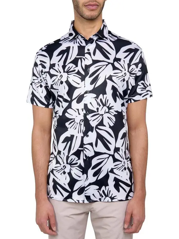 CON.STRUCT Regular Fit Exploded Floral Print Recycled Performance Golf Button-down Shirt - Black/white