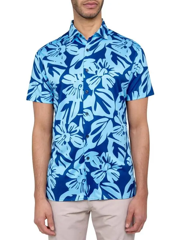 CON.STRUCT Regular Fit Exploded Floral Print Recycled Performance Golf Button-down Shirt - Light Blue/navy