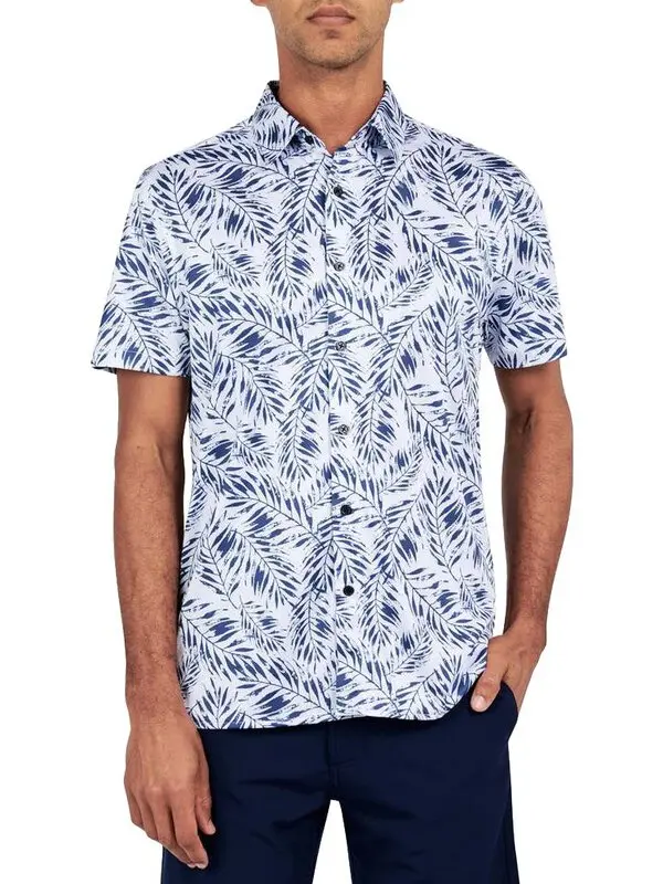 CON.STRUCT Leaf Print Performance Button-down Shirt - White/blue
