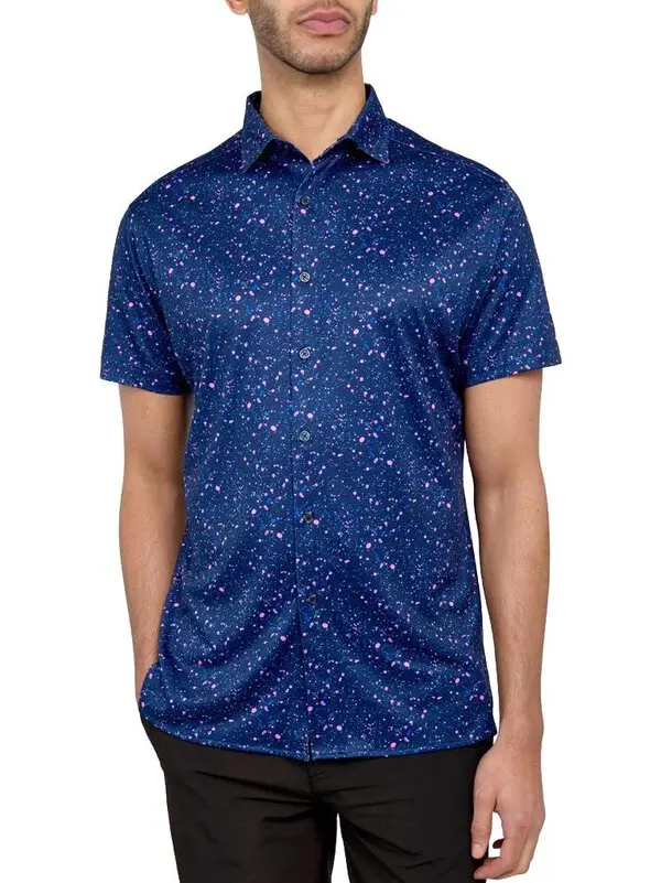 CON.STRUCT Regular Fit Paint Splatter Print Recycled Performance Golf Button-down Shirt - Navy