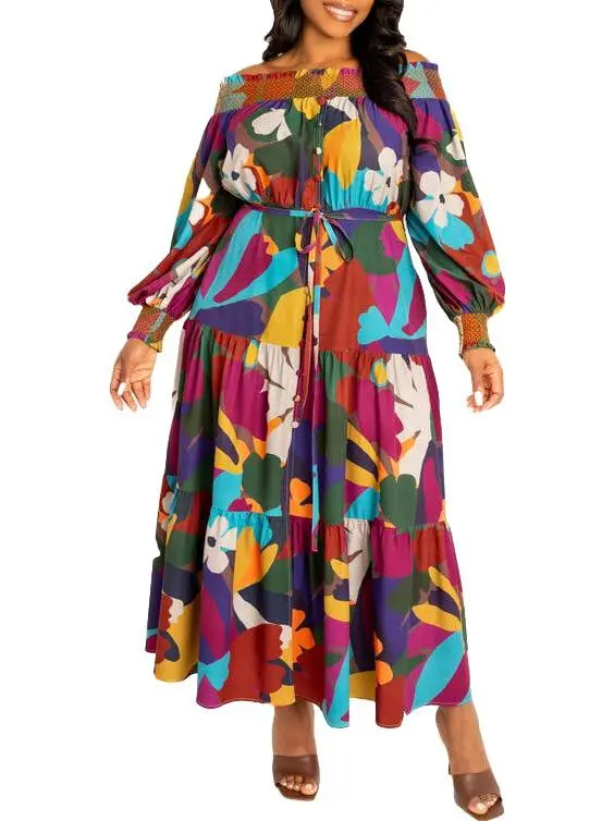 BUXOM COUTURE Floral Off-the-shoulder Maxi Dress - Brown Multi