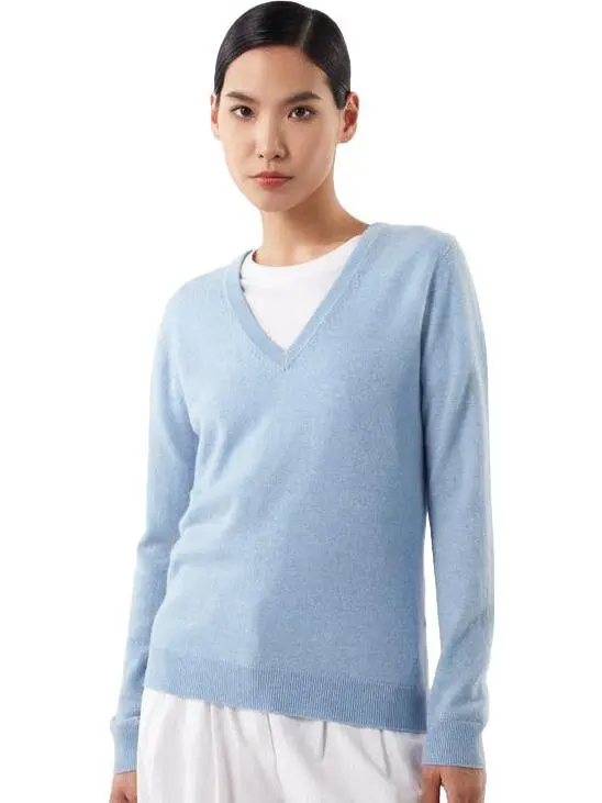 GOBI MONGOLIAN CASHMERE Essential Cashmere V-neck Sweater - Light Blue