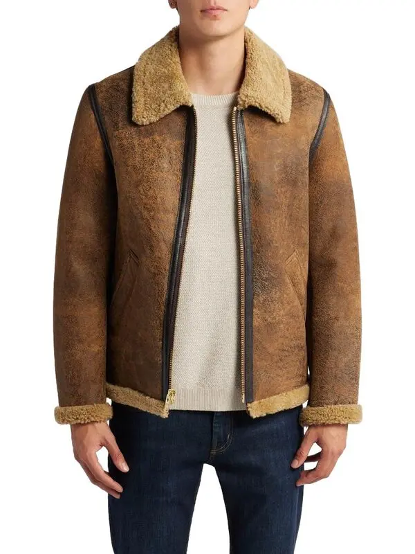 SCHOTT Genuine Shearling Collar Sheepskin Bomber Jacket - Brown