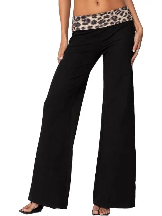 EDIKTED Foldover Waist Wide Leg Pants - Black/ Leopard Print