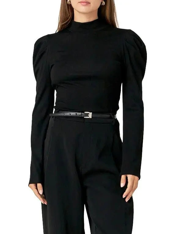 English Factory Puff Shoulder Mock Neck Rib Top - Black