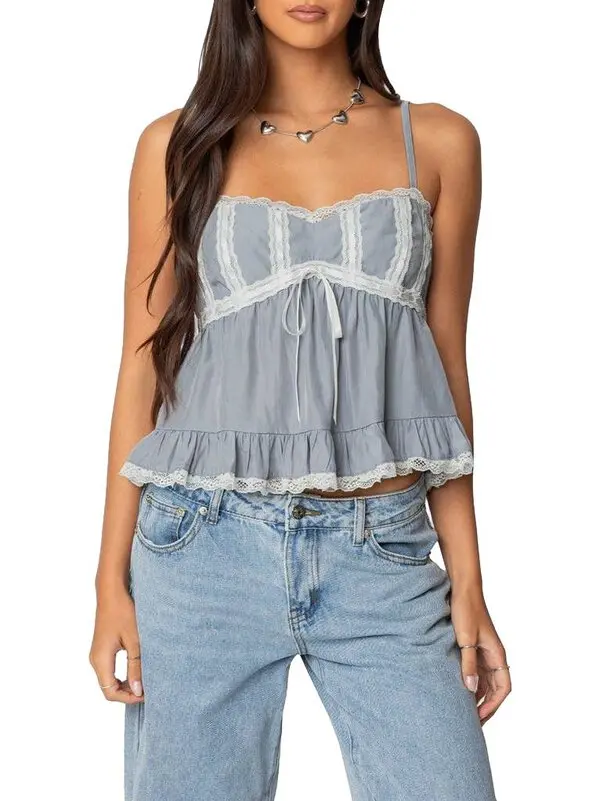 EDIKTED Lace Trim Babydoll Camisole - Gray