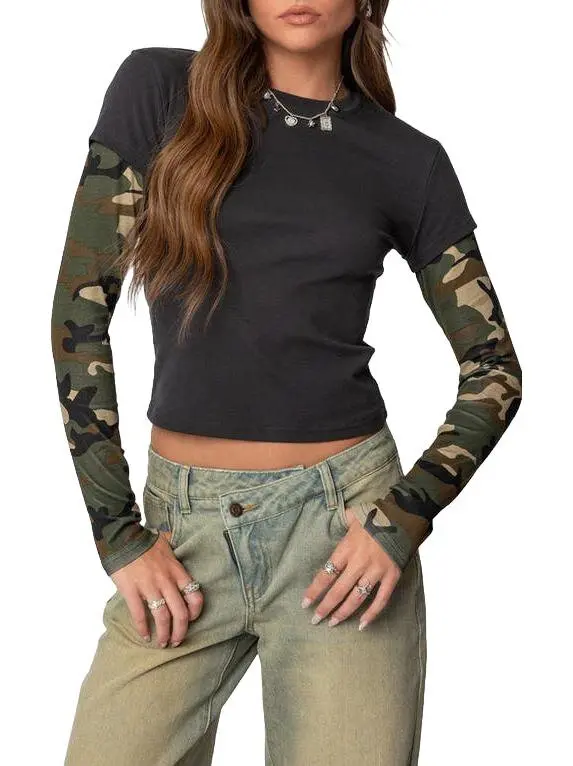 EDIKTED Camo Layered Long Sleeve Crop T-shirt - Dark-gray