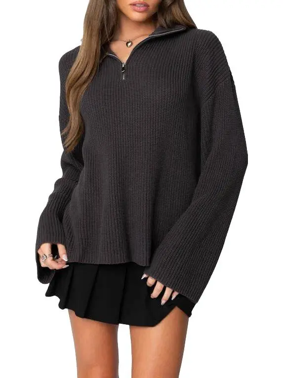 EDIKTED Amour High Neck Oversized Half Zip Knit Pullover - Dark Gray