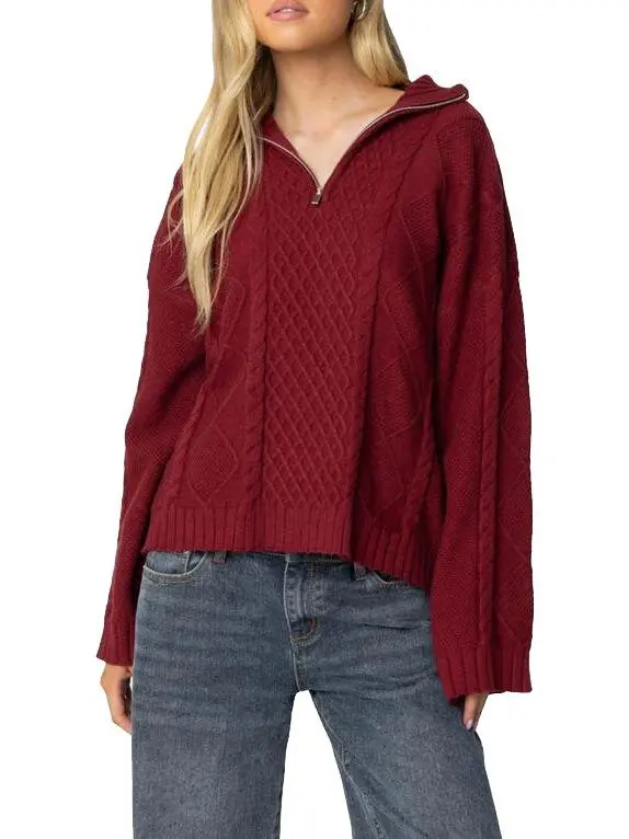EDIKTED Cable Stitch Oversized Pullover Sweater - Burgundy