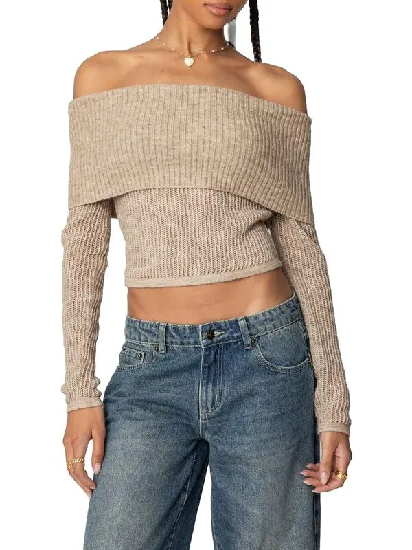 EDIKTED Lili Rib Off The Shoulder Crop Sweater - Beige