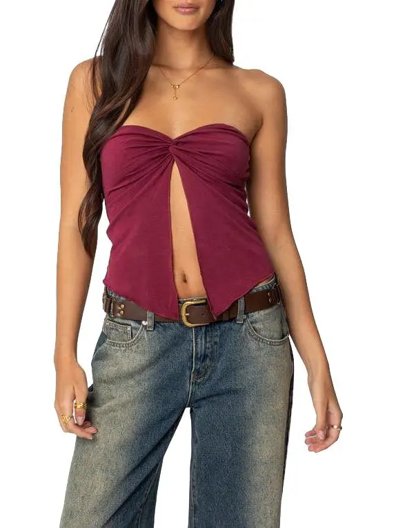 EDIKTED Twisted Split Front Tube Top - Burgundy