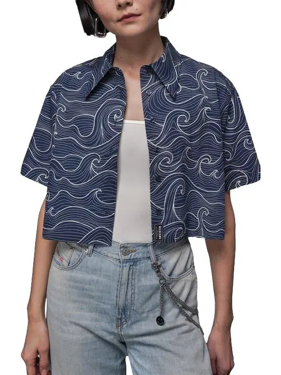 WILDFANG Essential Cropped Button-up Shirt - Waves Navy/white